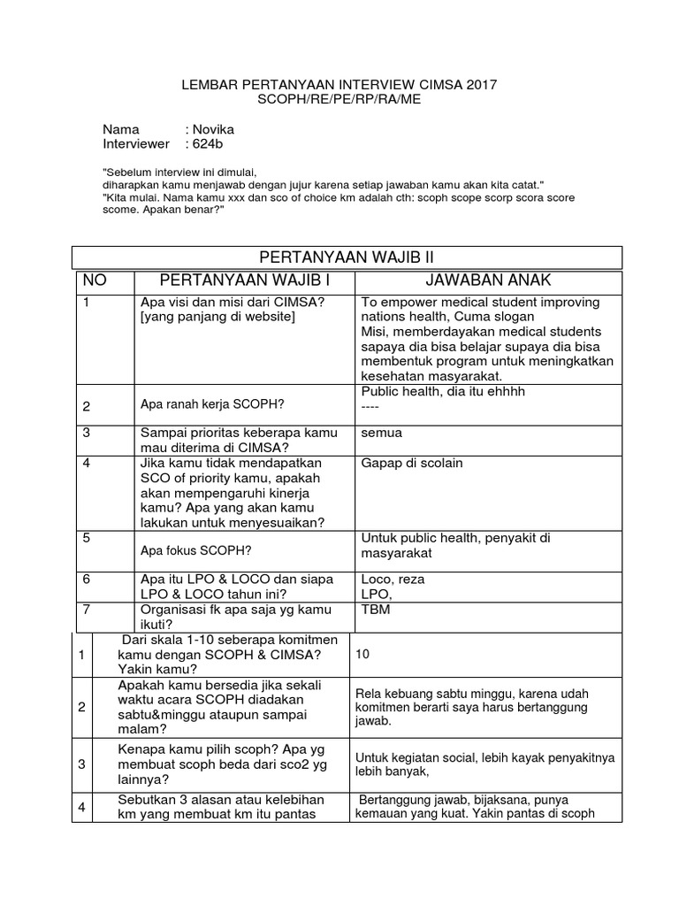 Lembar Interview Scoph | PDF | Karier & Perkembangan