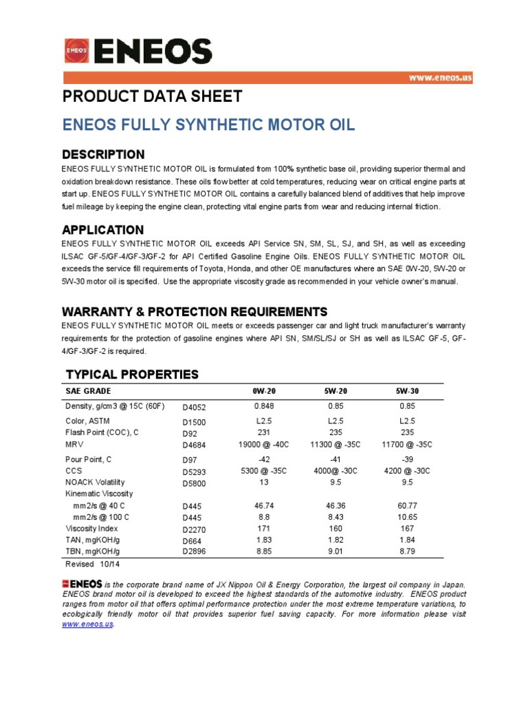 ENEOS Fully Synthetic Motor Oil Product Data Sheet 2014 | PDF | Motor ...