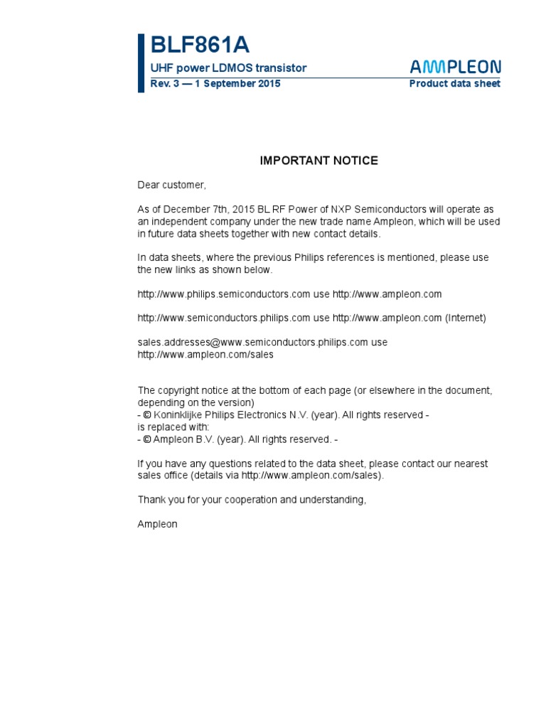 BLF861A | PDF | Amplifier | Electrical Engineering