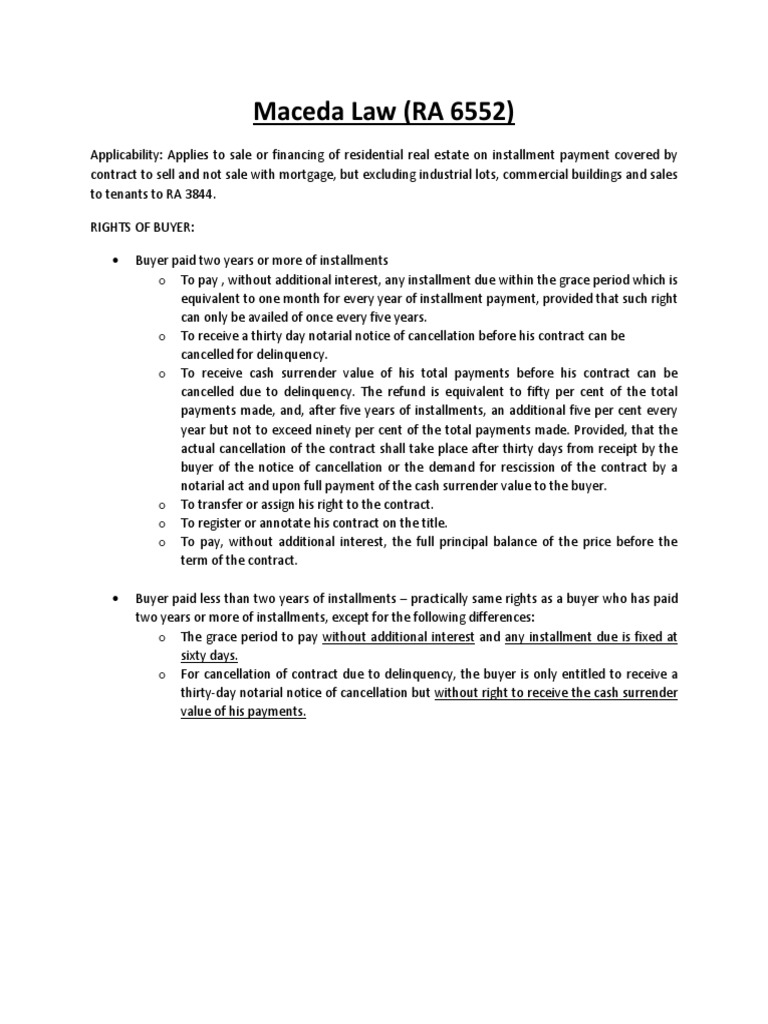 Maceda Law (RA 6552) | PDF | Foreclosure | Deed