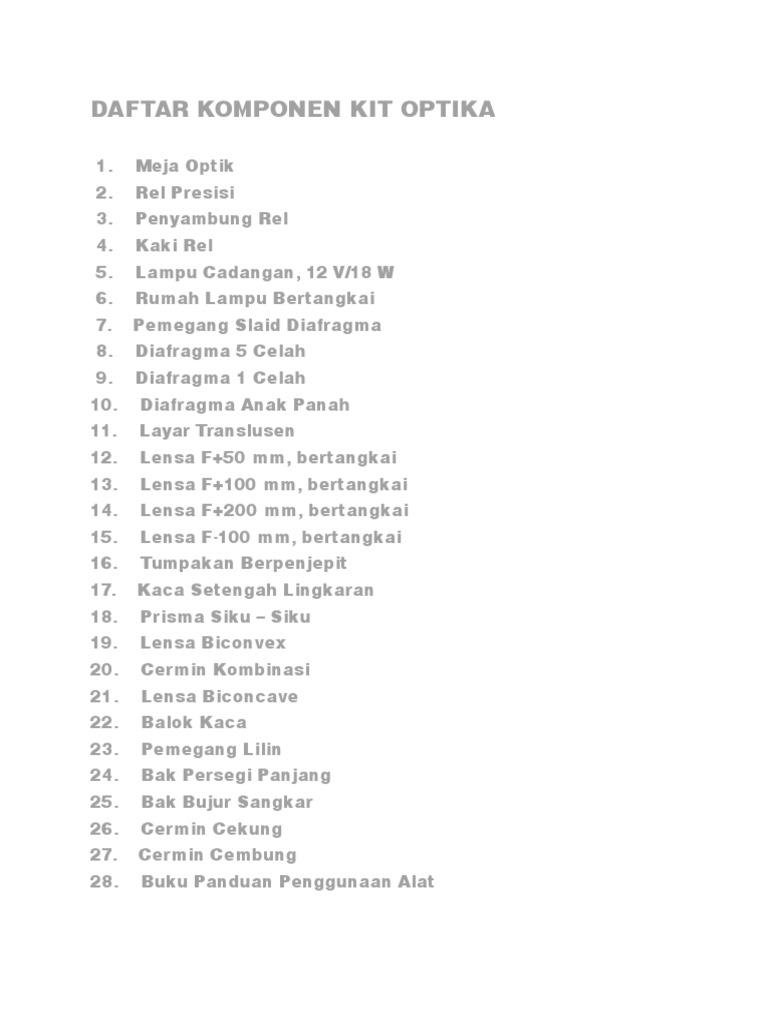 Daftar Komponen Kit Optika | PDF | Teknologi & Rekayasa