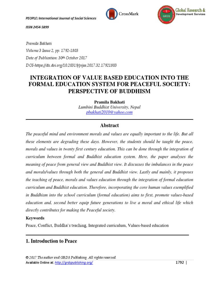 Integration of Value Based Education Into The Formal Education System ...