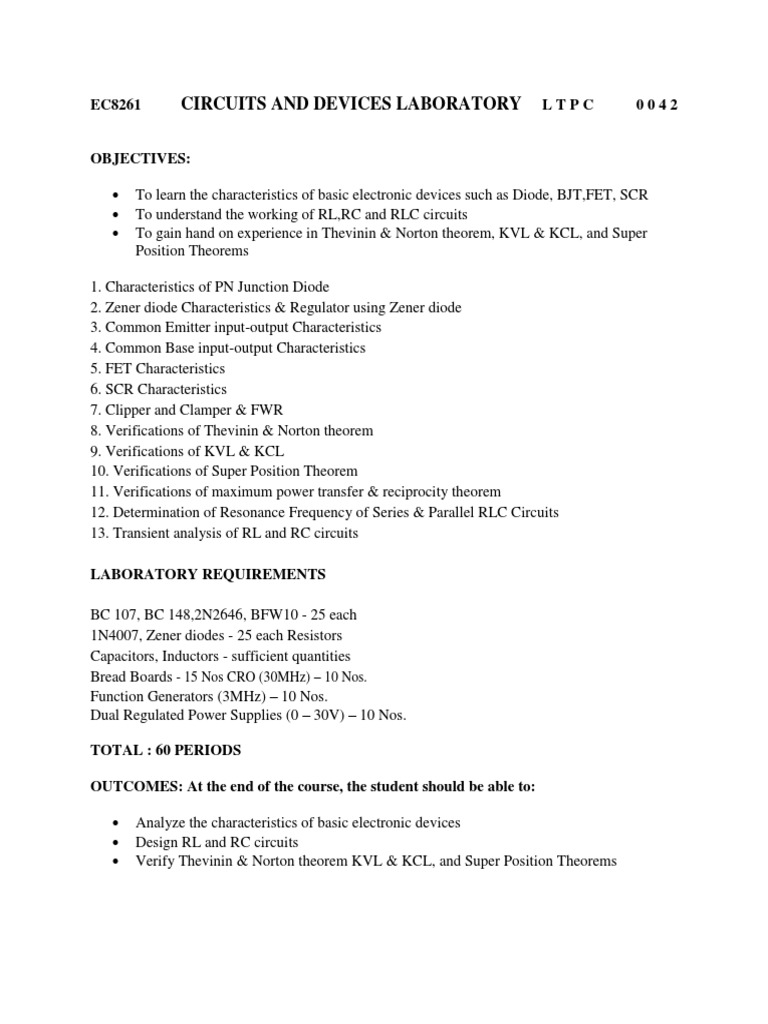 Circuits and Devices Laboratory: EC8261 LTPC 0 0 4 2 | PDF