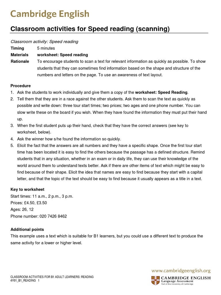 B1 Speed Reading Classroom Activities | PDF