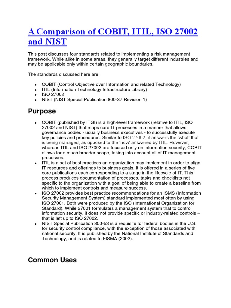 A Comparison of COBIT, ITIL, ISO 27002 and NIST: Purpose | PDF | Itil ... A Comparison of COBIT, ITIL, ISO 27002 and NIST: Purpose | PDF | Itil ...