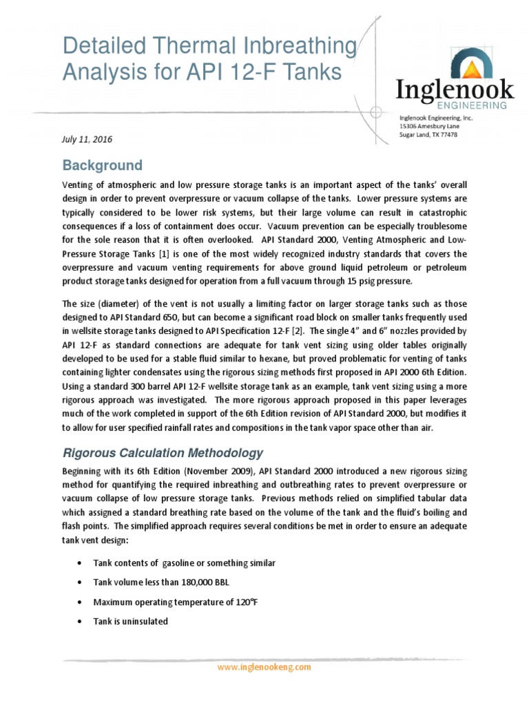 Detailed Thermal Inbreathing Analysis For API 12-F Tanks: Background ...