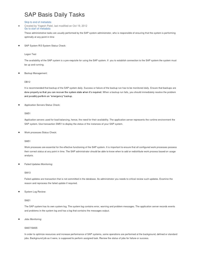 SAP Basis Daily Tasks: Created by Yogesh Patel, Last Modified On Oct 19 ...
