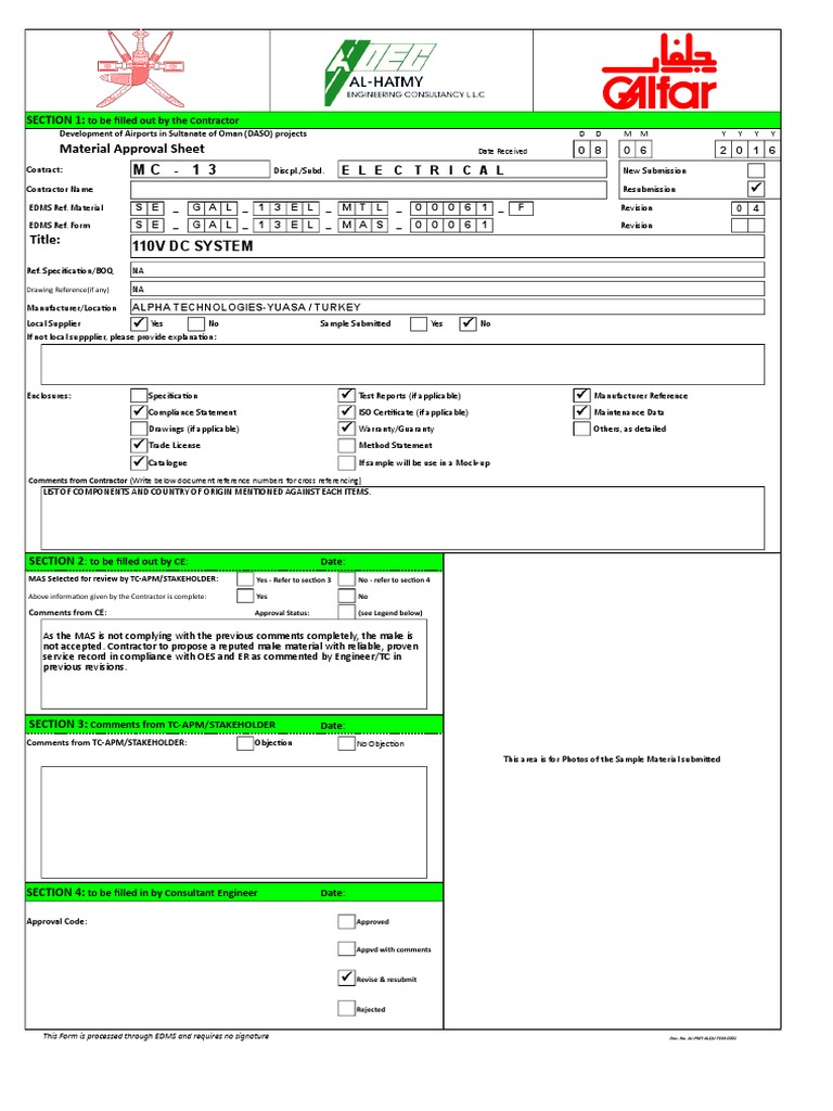 Material Approval Sheet M C - 1 3: Section 1 | PDF | Specification ...