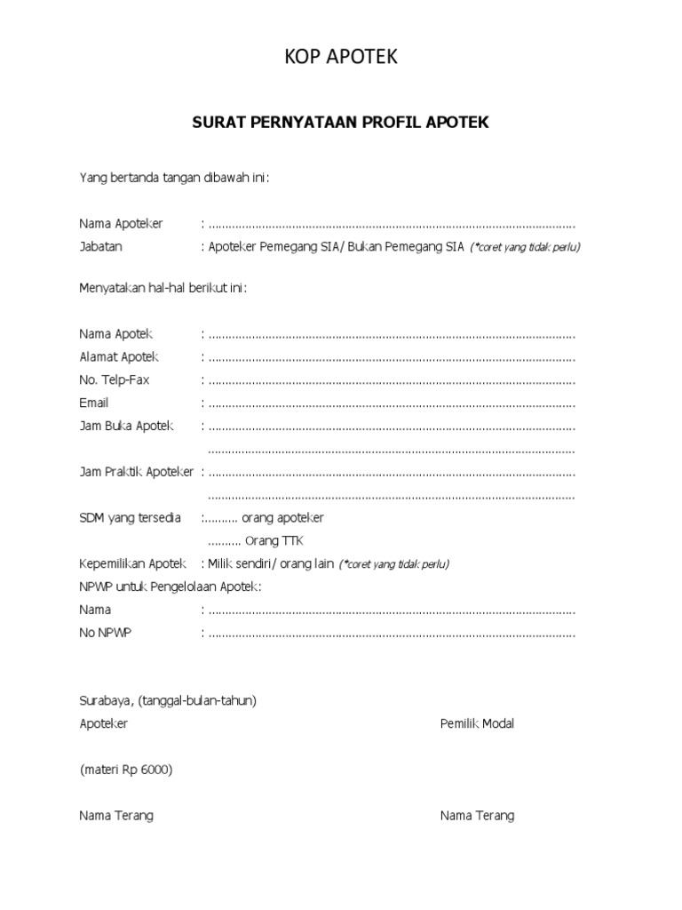 Format Surat Pernyataan Profil Apotek | PDF