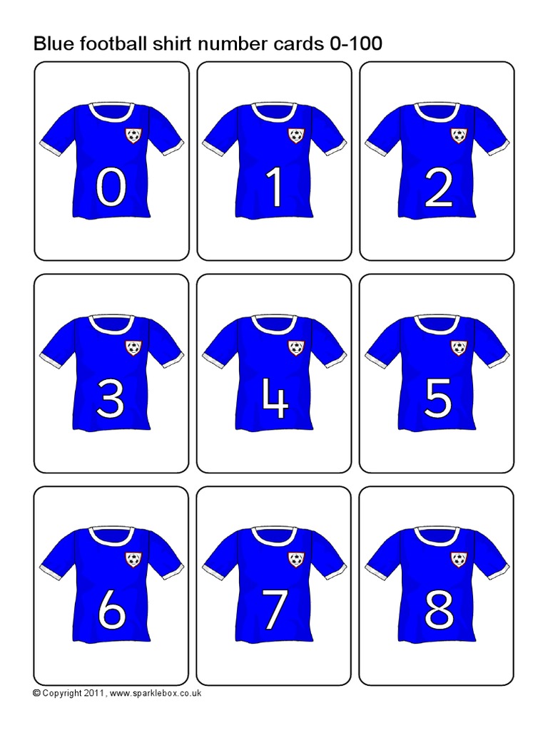 Blue Football Shirt Number Cards 0-100 | PDF
