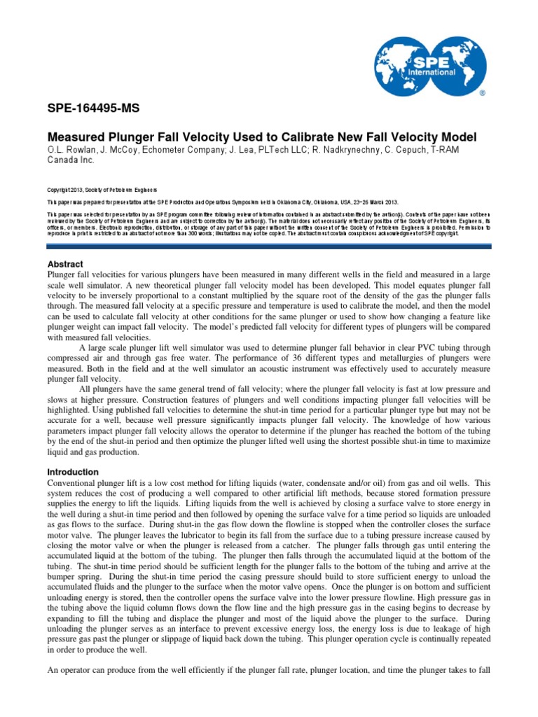 Plunger Fall Velocity Model 164495l | PDF | Pressure | Flow Measurement