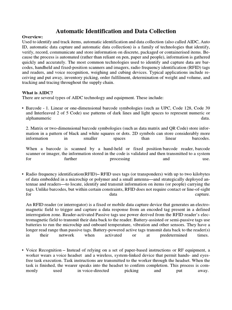 Automatic Identification and Data Collection: Overview | PDF | Barcode ...