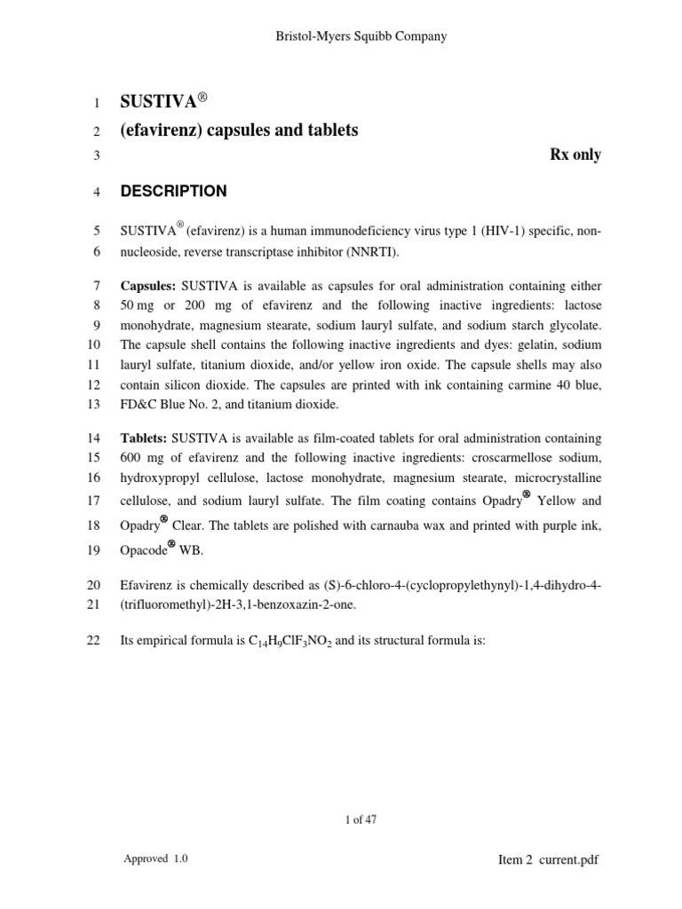 Sustiva (Efavirenz) Capsules and Tablets: RX Only Description | PDF ...