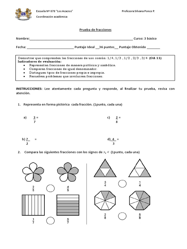 Prueba de Fracciones | PDF | Fracción (Matemáticas) | Enseñanza de ...