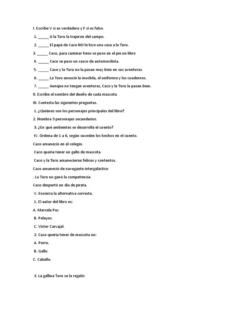 Comprensión lectora del cuento "Caco y la Turu | PDF