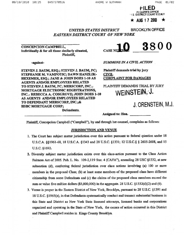 Campbell v. Steven J. Baum, MERSCORP Inc. NY CLASS ACTION | Download Free PDF | Foreclosure ...