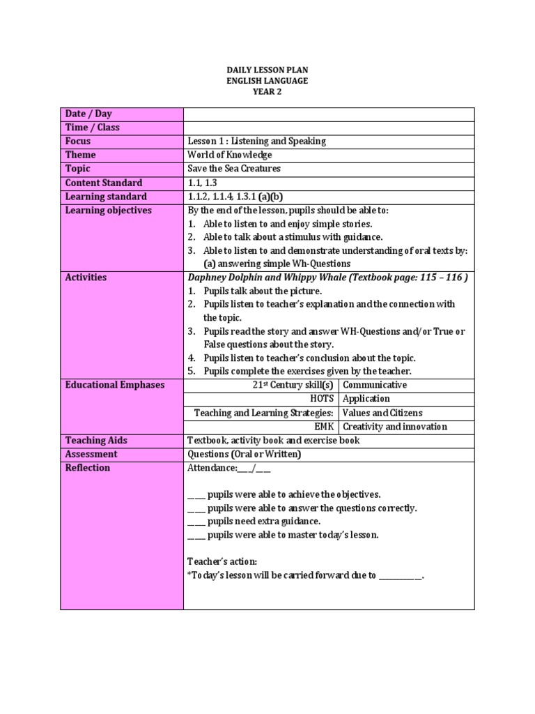 Year 2 English Lesson Plan: Save Sea Creatures | PDF | Question ...