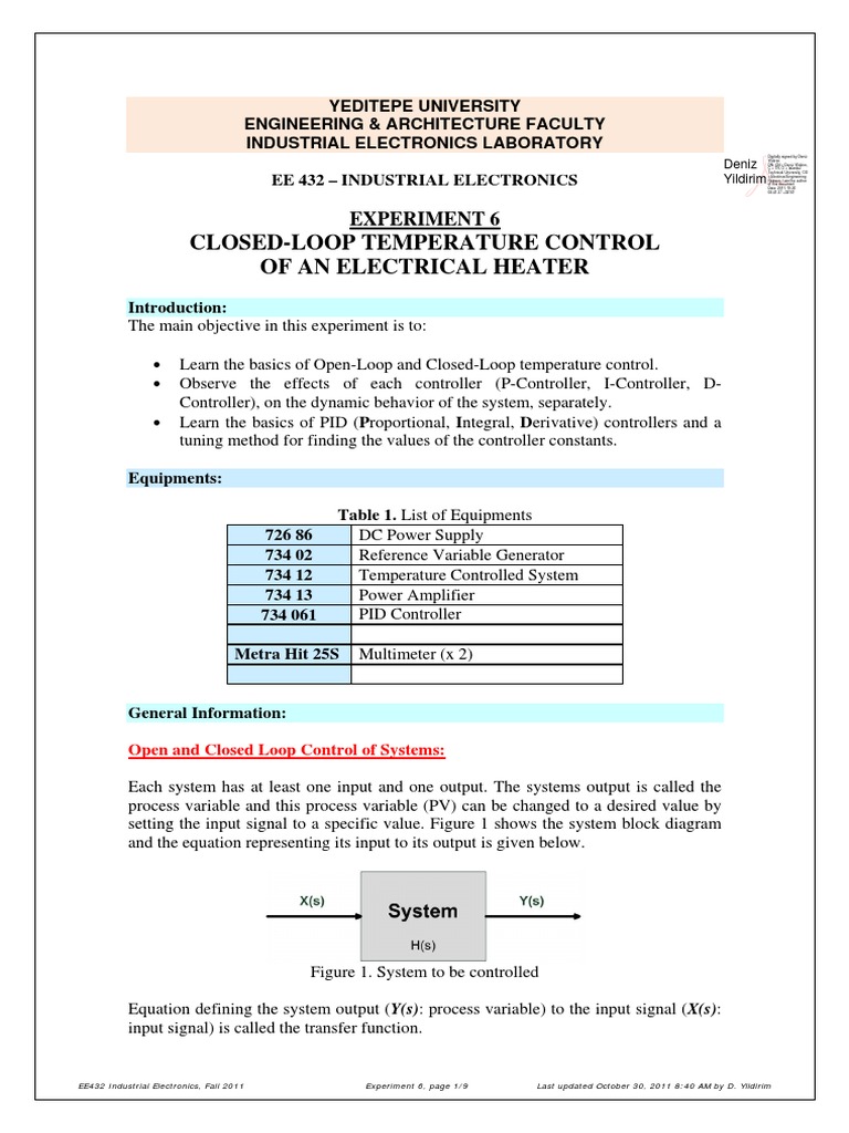 Closed-Loop Temperature Control of An Electrical Heater: Experiment 6 ...
