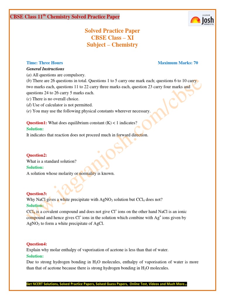 Cbse Solved Paper For Class 11 Chemistry | PDF | Solution | Chemical ...