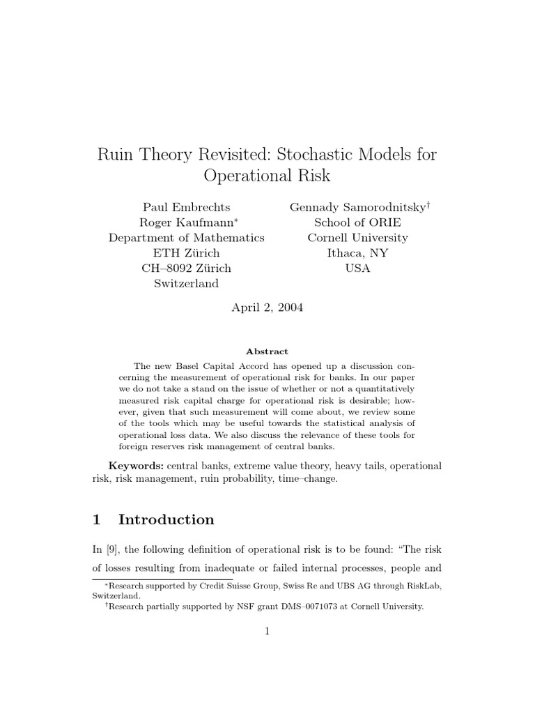 Ruin Theory Revisited: Stochastic Models For Operational Risk | PDF ...