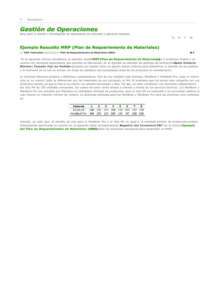 Ejercicio Resuelto MRP (Plan de Requerimiento de Materiales) | PDF | Inventario | Business