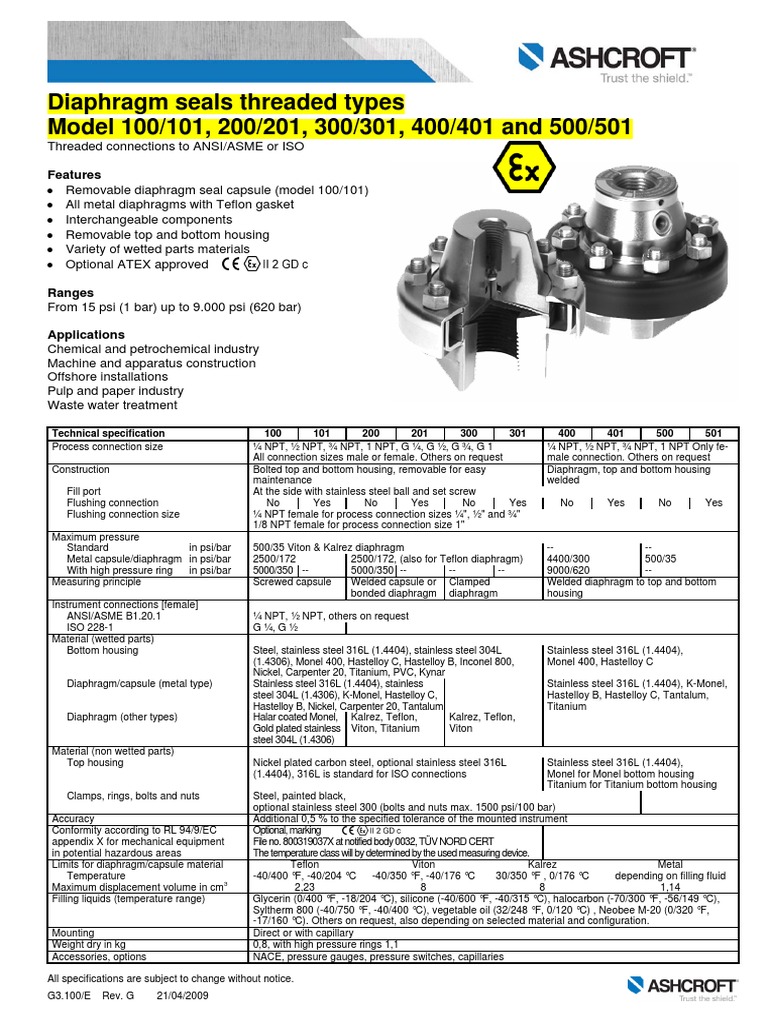Ashcroft Diaphragm Seal Specifications | PDF | Screw | Building Materials