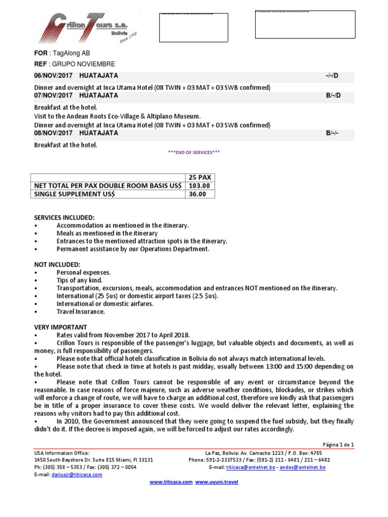 25 PAX Net Total Per Pax Double Room Basis Us$ 103.00 Single Supplement ...