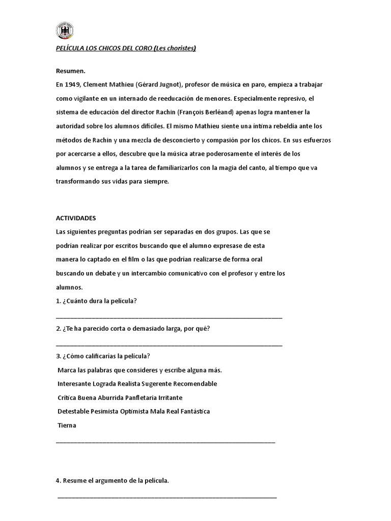 Actividad Película Les Choristes | PDF | Ocio