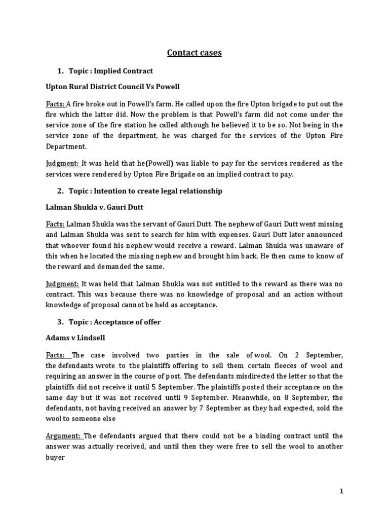 Contract Case Summaries | PDF | Offer And Acceptance | Contract Law