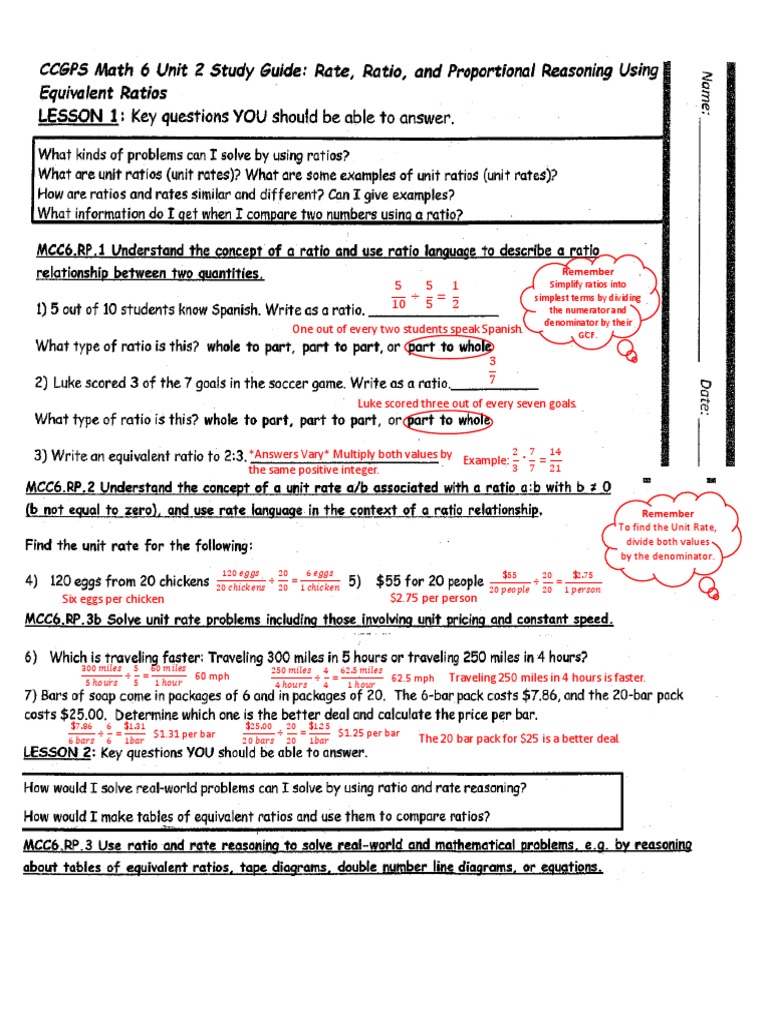 Unit 2 Study Guide Answer Key | PDF | Fraction (Mathematics) | Numbers