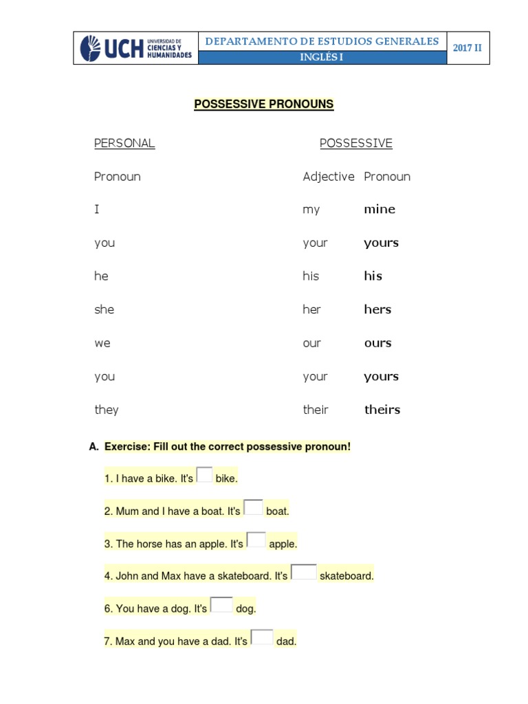 Possessive Pronouns Exercises | PDF