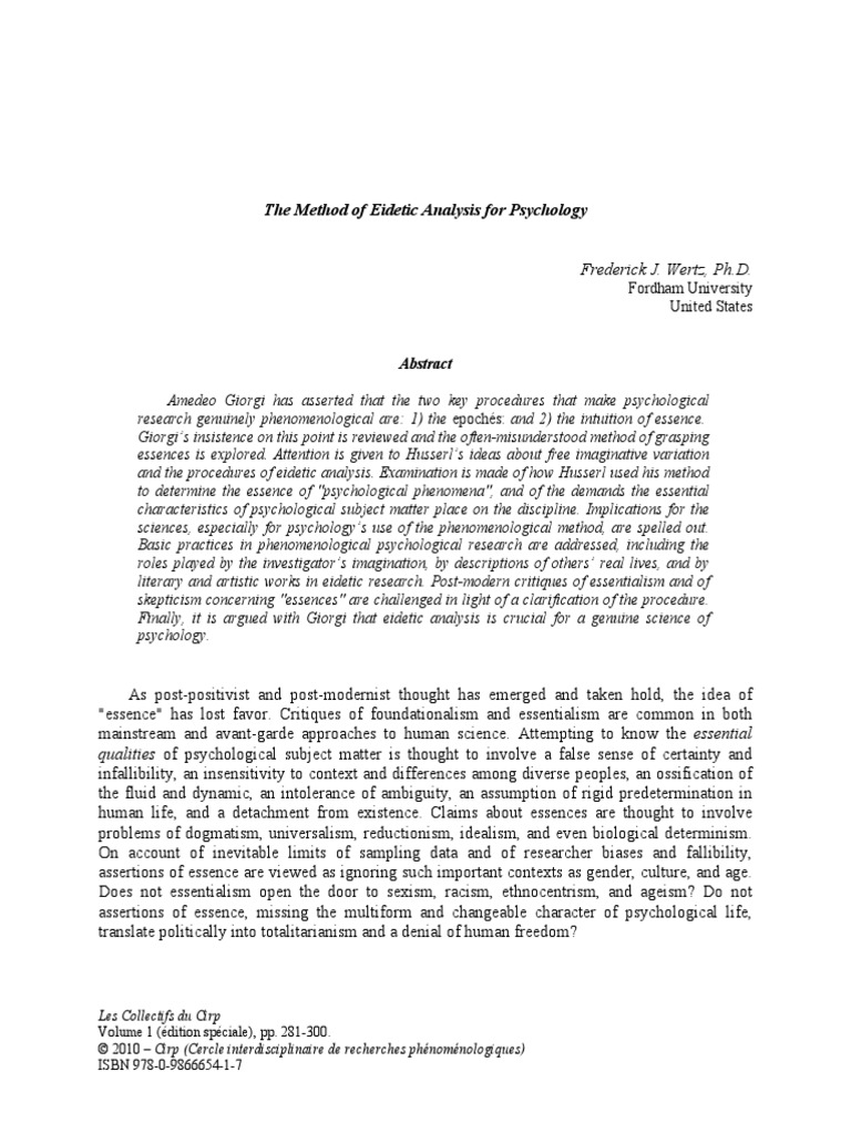 Frederick J. Wertz, PH.D.: The Method of Eidetic Analysis For ...