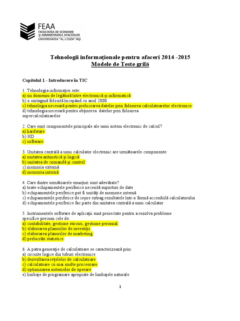 Modele de Teste Grila Pentru TIA 2014 2015 PDF | PDF