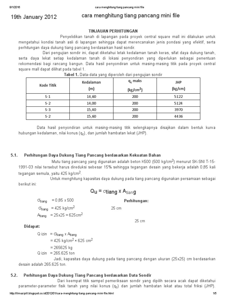 Cara Menghitung Tiang Pancang Mini File | PDF