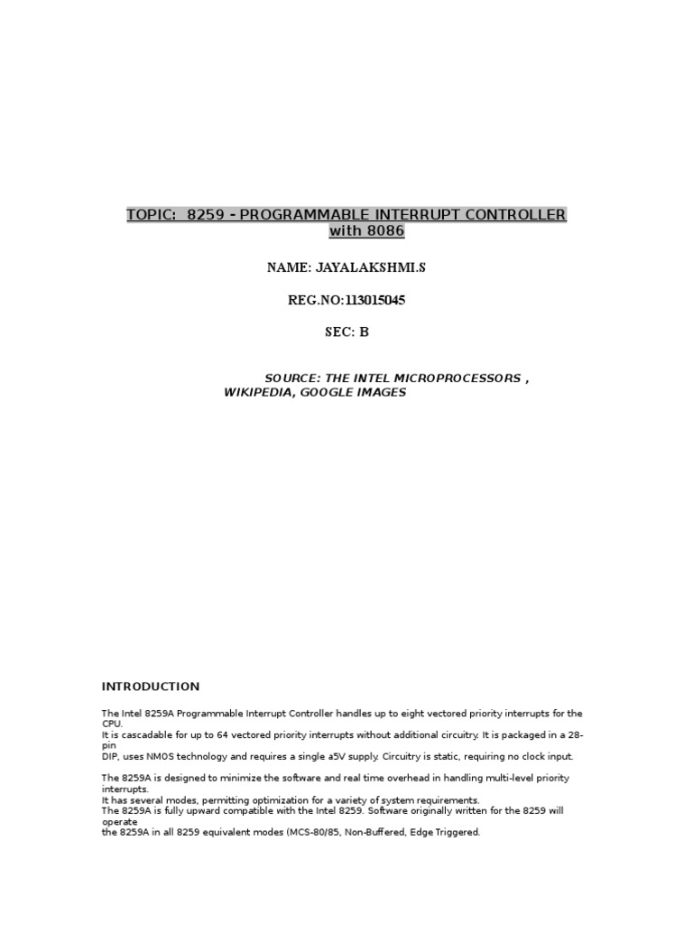 Configuring the Intel 8259A Programmable Interrupt Controller for Use ...