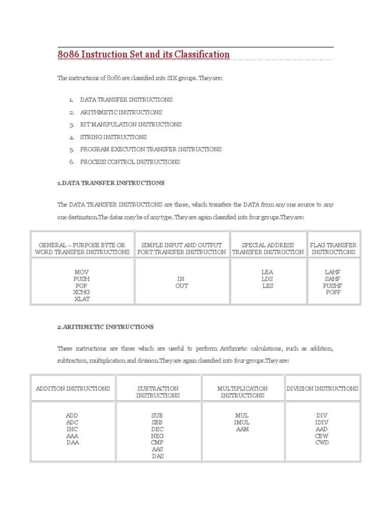 8086 Instruction Set and Its Classification | PDF | String (Computer Science) | Electronic ...