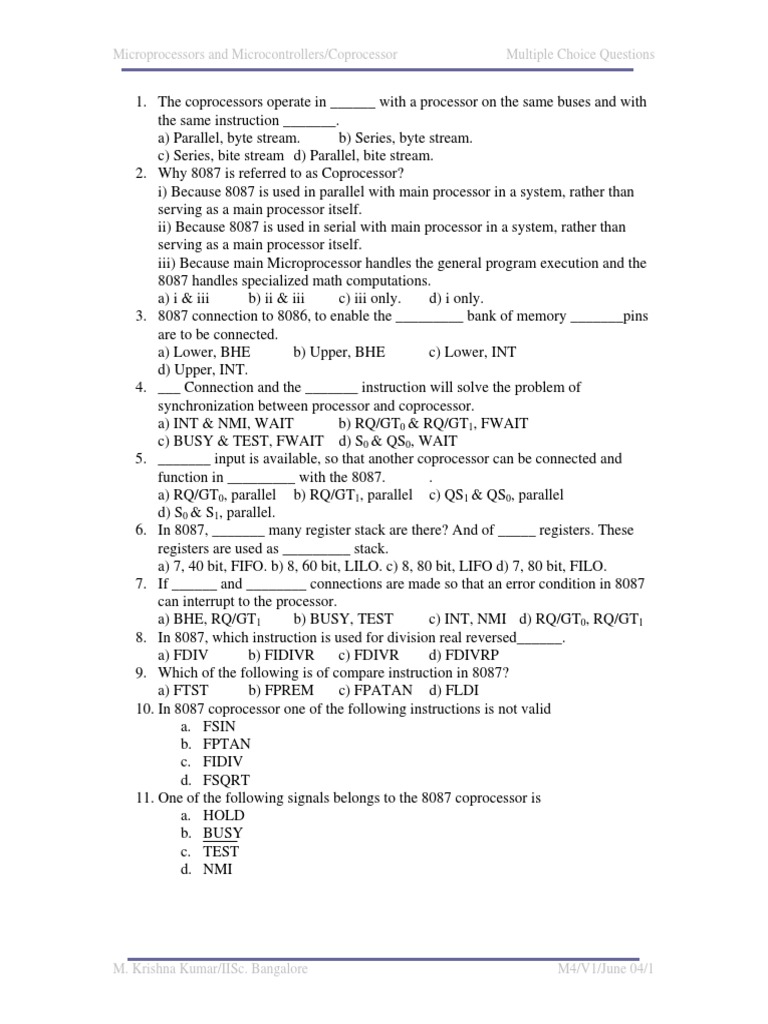 Microprocessors and Microcontrollers/Coprocessor Multiple Choice Questions | PDF | Parallel ...