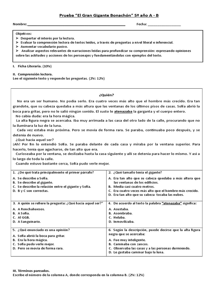 Prueba El Gran Gigante Bonachón | Comprensión lectora | Lectura (proceso)