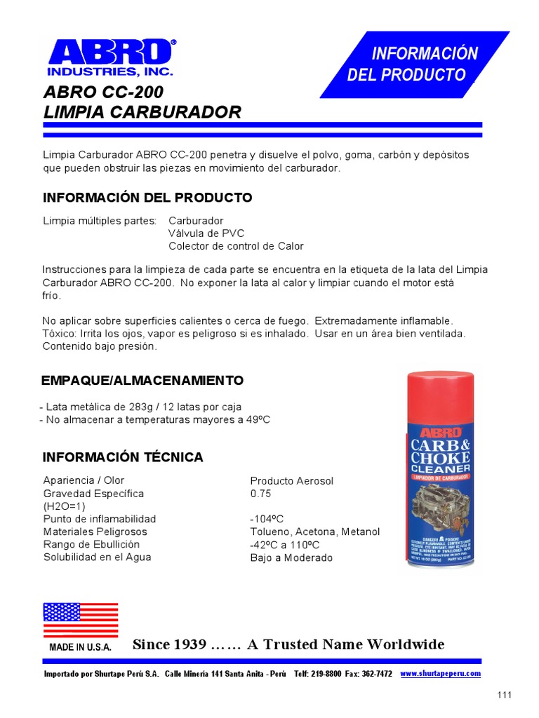 111 Abro Limpia Carburador Cc-200 | PDF | Sustancias químicas | Química