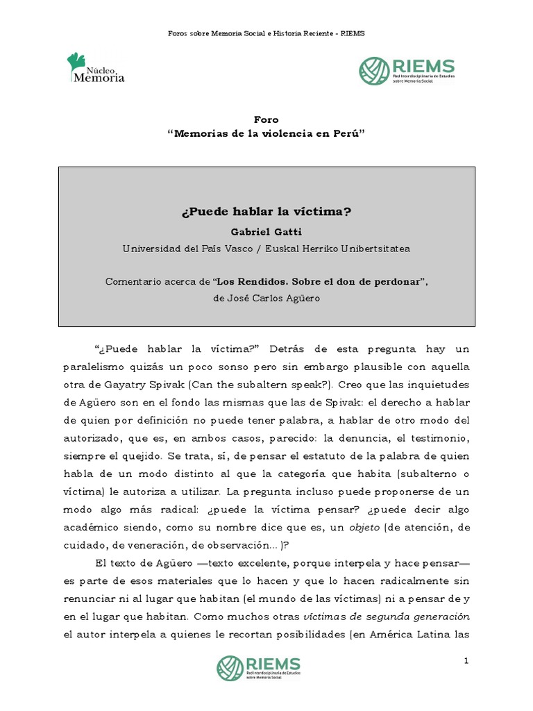 Gabriel Gatti Comentario | PDF | Testimonio | Memoria