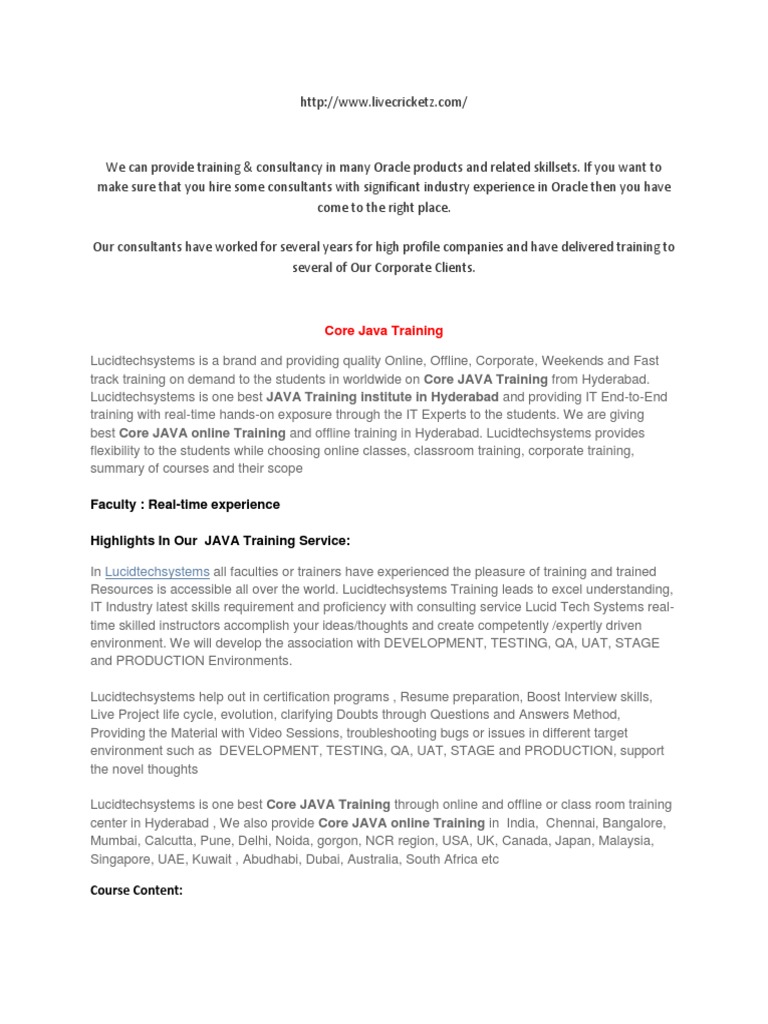 Core Java Training: Faculty: Real-Time Experience Highlights in Our ... Core Java Training: Faculty: Real-Time Experience Highlights in Our ...