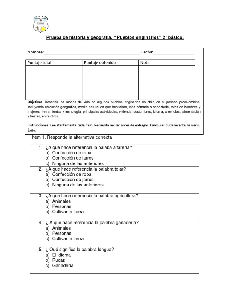 Prueba de Historia y Geografía PUEBLOS INDIGENAS 2 | PDF | Nómada ...