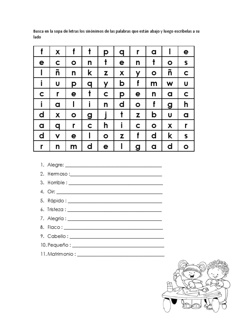Busca en la sopa de letras los sinónimos de las palabras que están ...