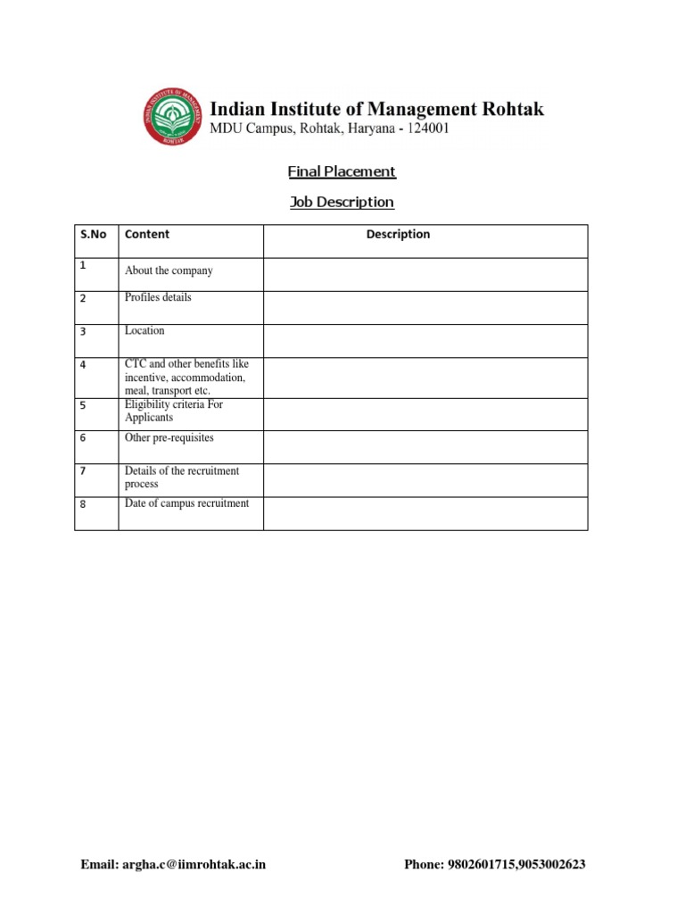JD Format for Finals - IIM Rohtak