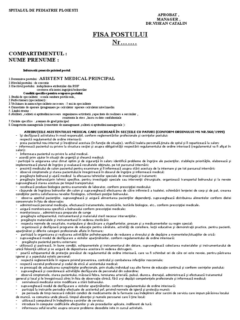 Fisa Post Asistent.medical Principal