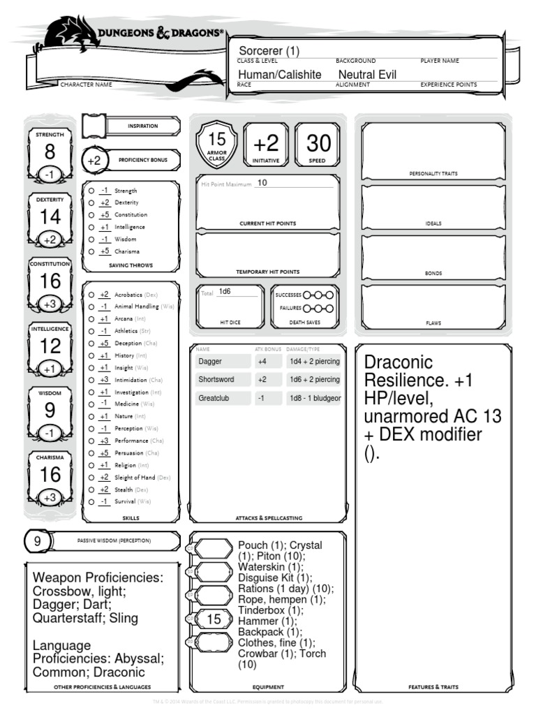 Draconic Resilience. +1 HP/level, Unarmored AC 13 + DEX Modifier | PDF ...
