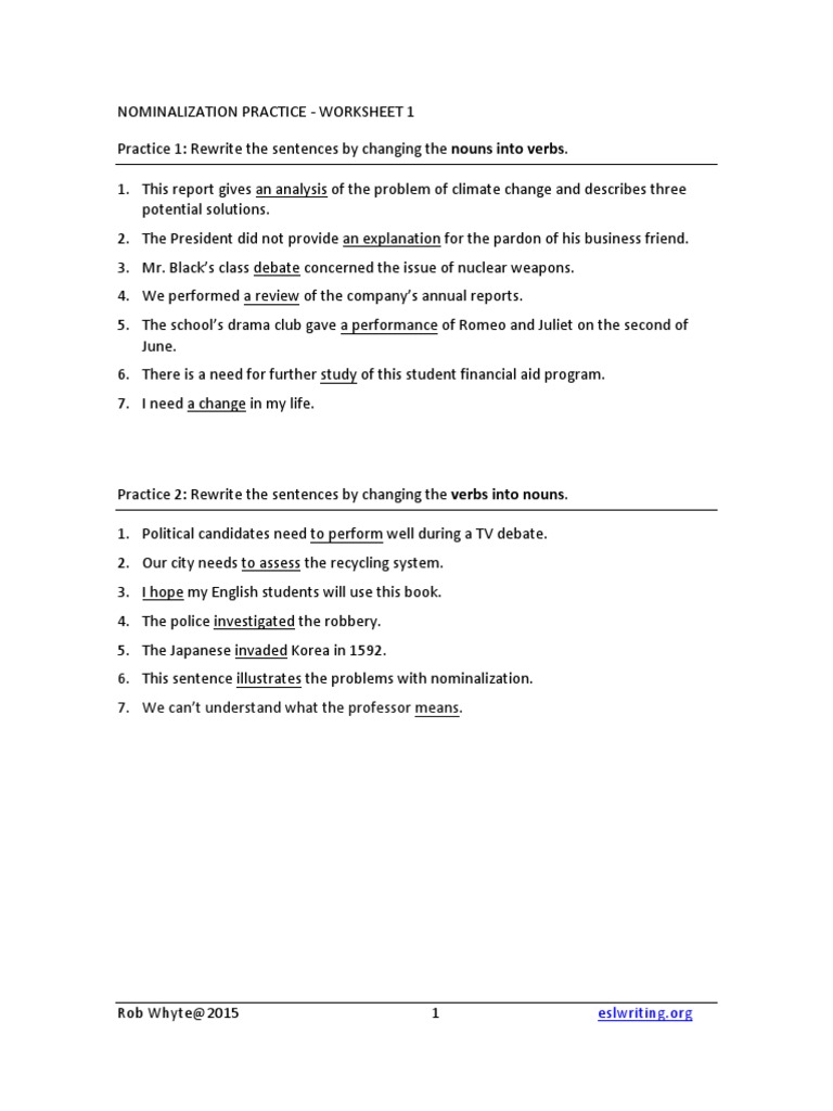 Nominalization Worksheet | Sentence (Linguistics) | Syntax | Free 30 ...