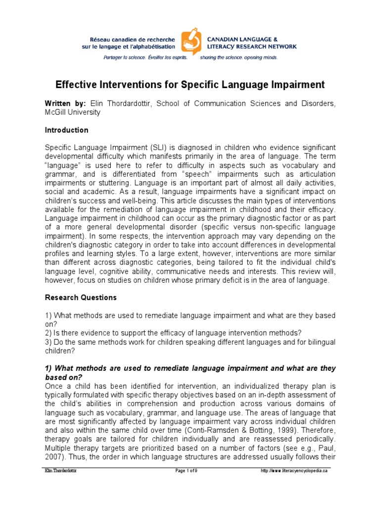 Effective Interventions for Specific Language Impairment: A Review of Methods, Evidence, and ...