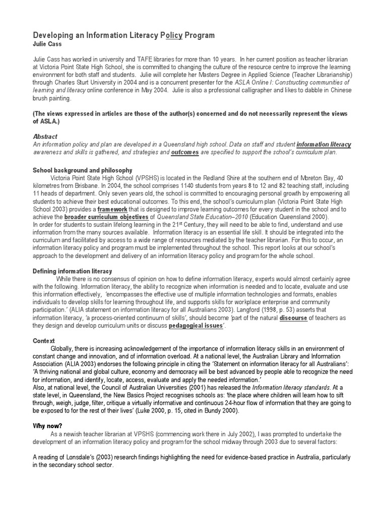 Developing An Information Literacy Policy Program | PDF | Information ...