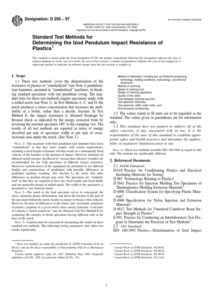 ASTM D256 Standard Test Methods For Determining The Izod Pendulum ...